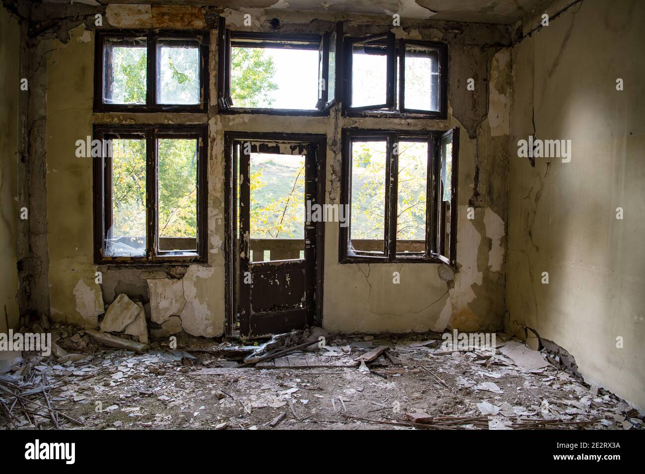 Interior of abandoned hotel on the Tara mountain, near Lake Jarevac, on ...