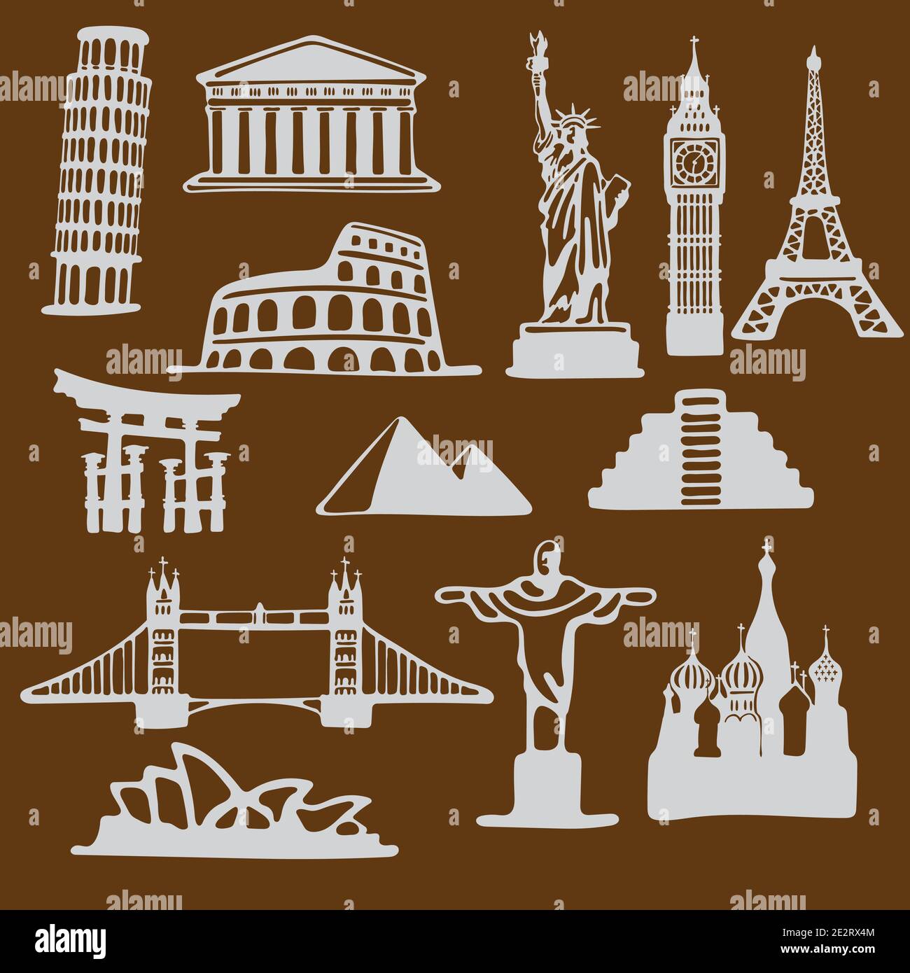 Icon set of famous landmarks in the style of paper cut with curved ...