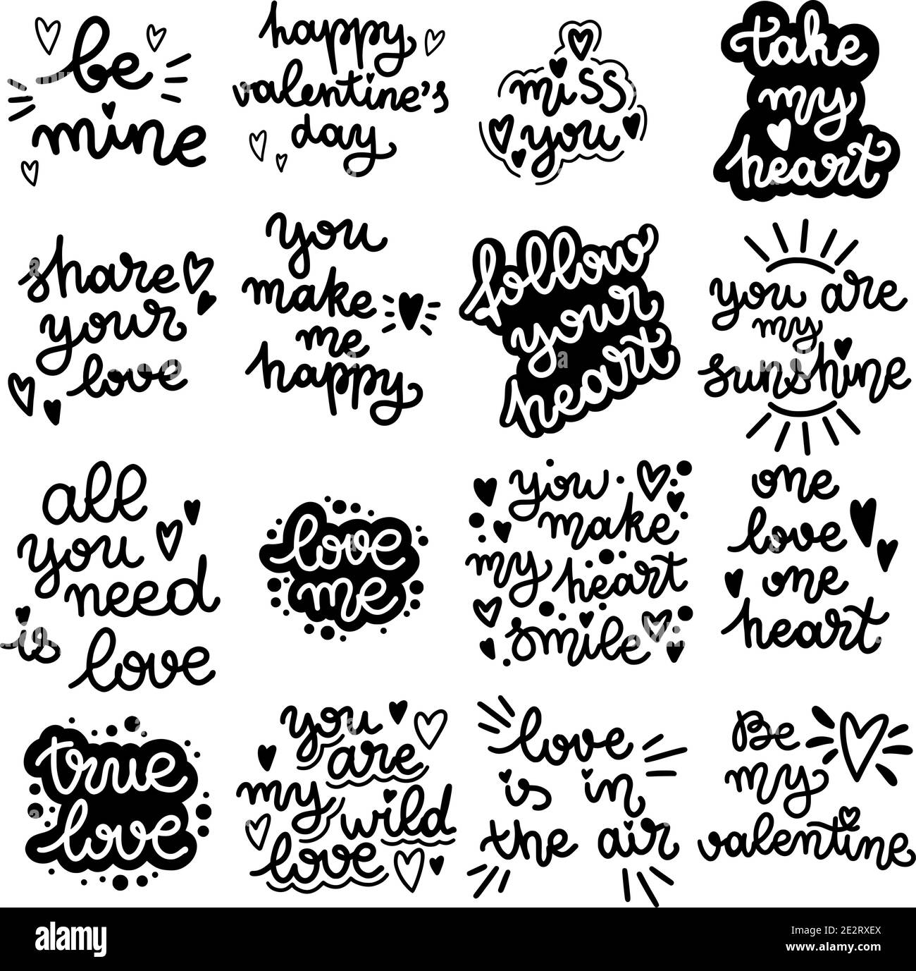 Set of lettering about love. Valentines Day. Black and white vector ...