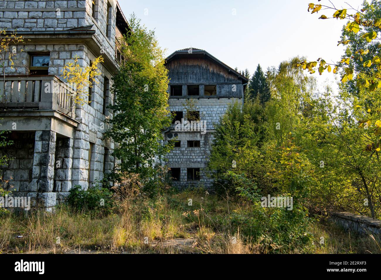 An old abandoned hotel on the Tara mountain, near Lake Jarevac, on ...