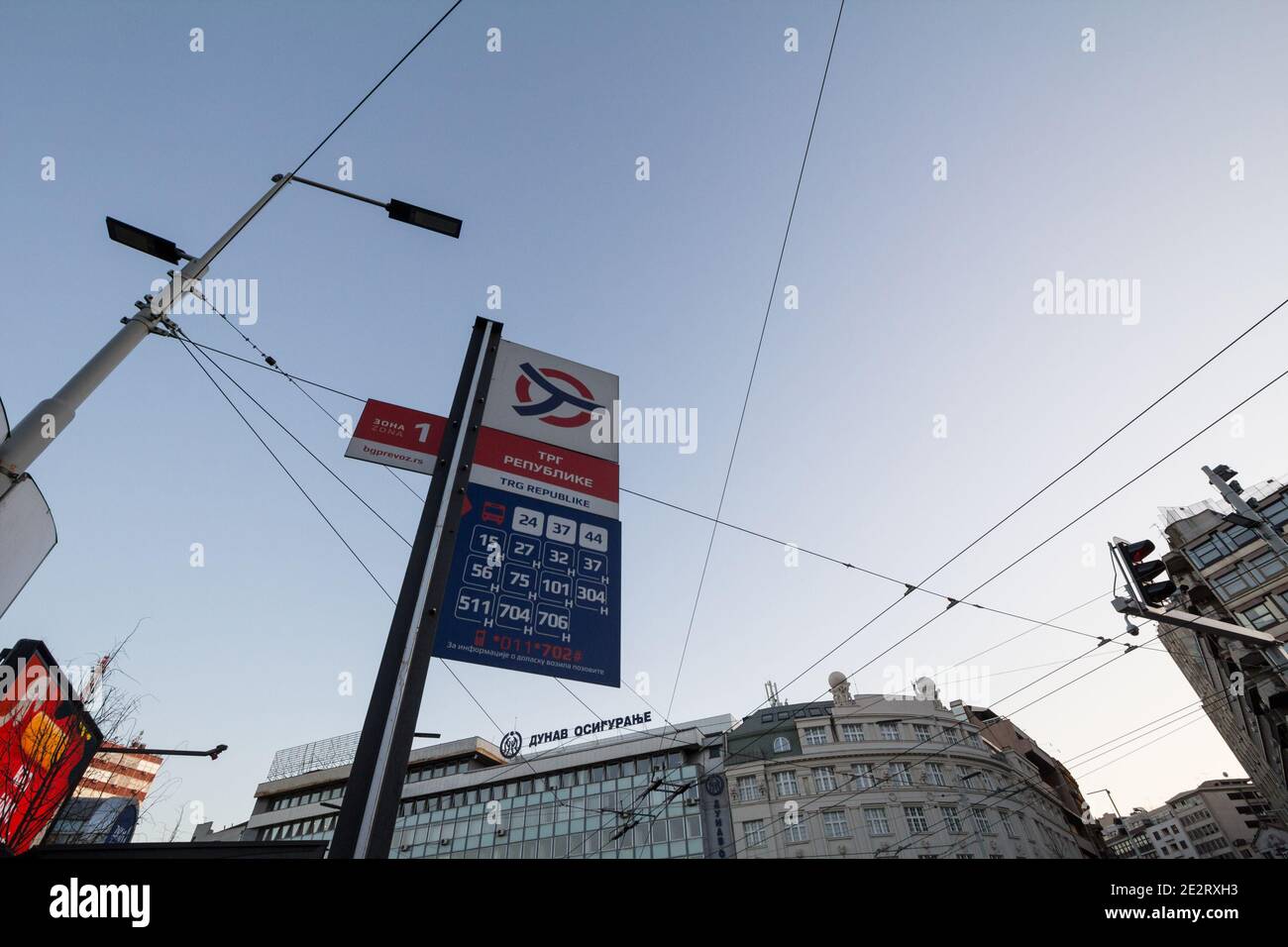 BELGRADE, SERBIA - DECEMBER 6, 2020: Bus stop sign on Trg republike ...