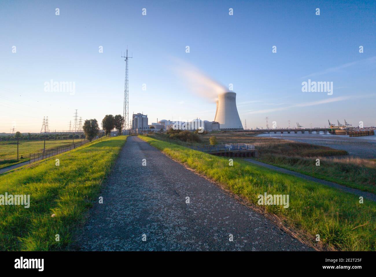 Biking road next to the cooling towers of the nuclear plant in Doel ...