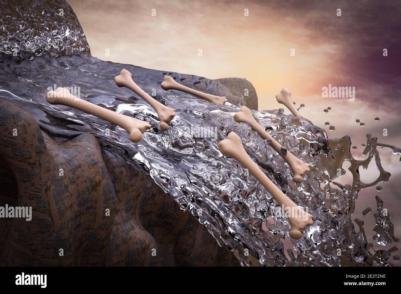 Human thigh bones fall from a waterfall at sunset magenta day ...