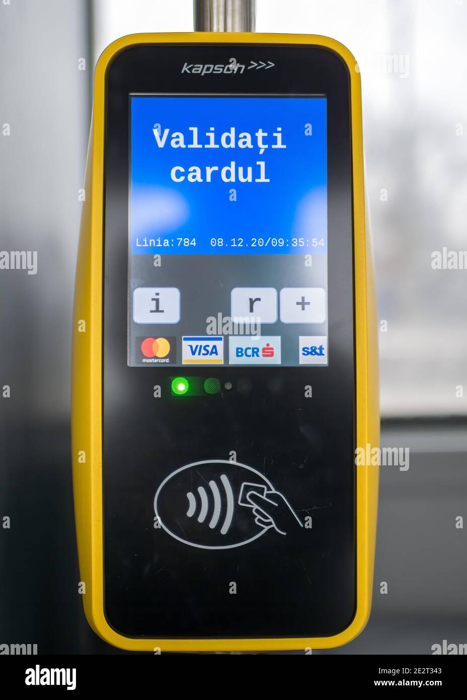 Bucharest Romania - 12.07.2020: Contactless card and ticket validators ...