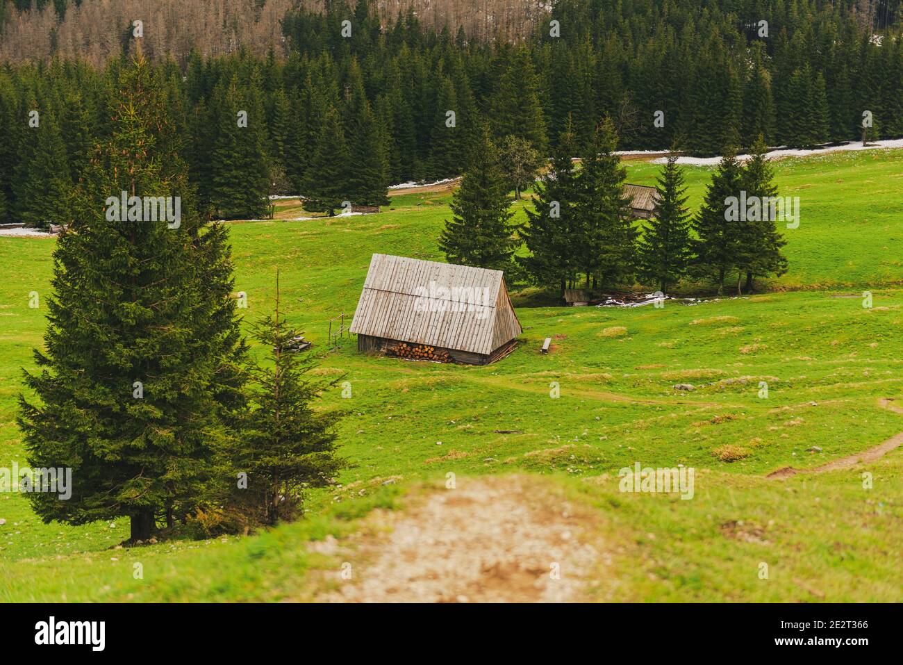 Shepherd's hut shelter on meadow. Highlander wooden hut in Zakopane ...