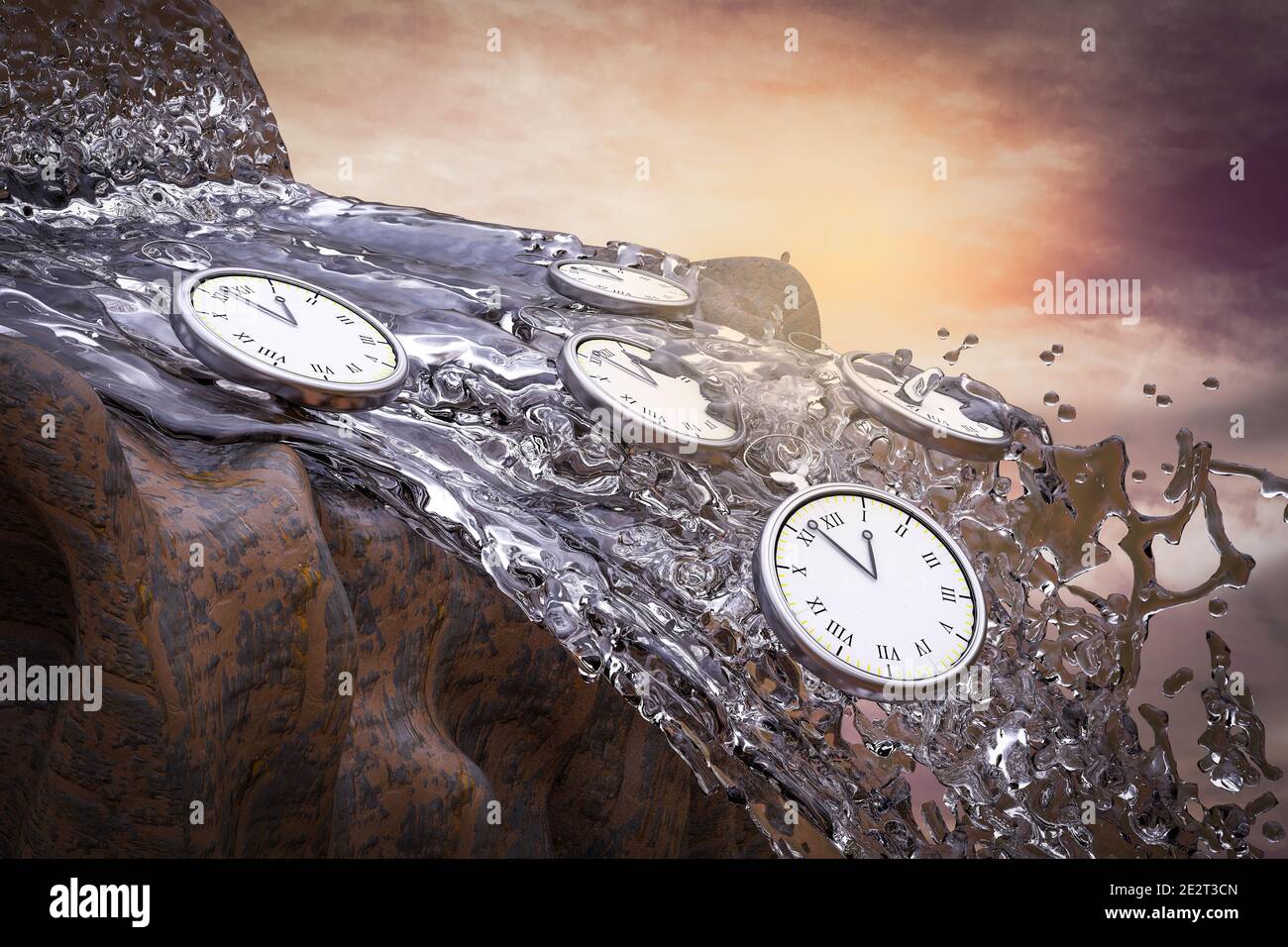 Pocket watch fall from a waterfall at sunset magenta day demonstrating ...