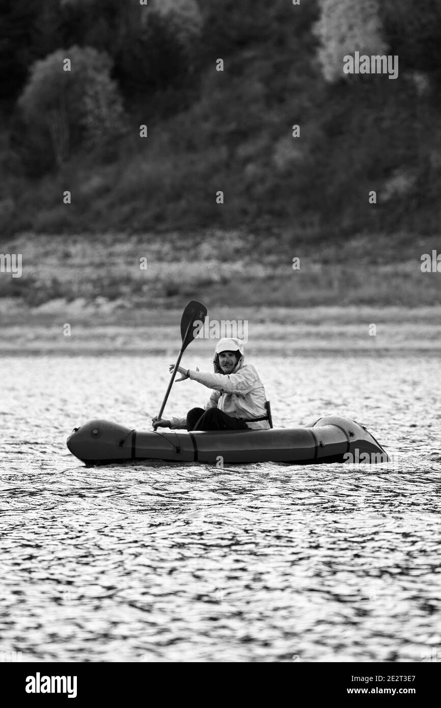 Swim in Packraft. Packraft, one-person light raft used for expedition ...