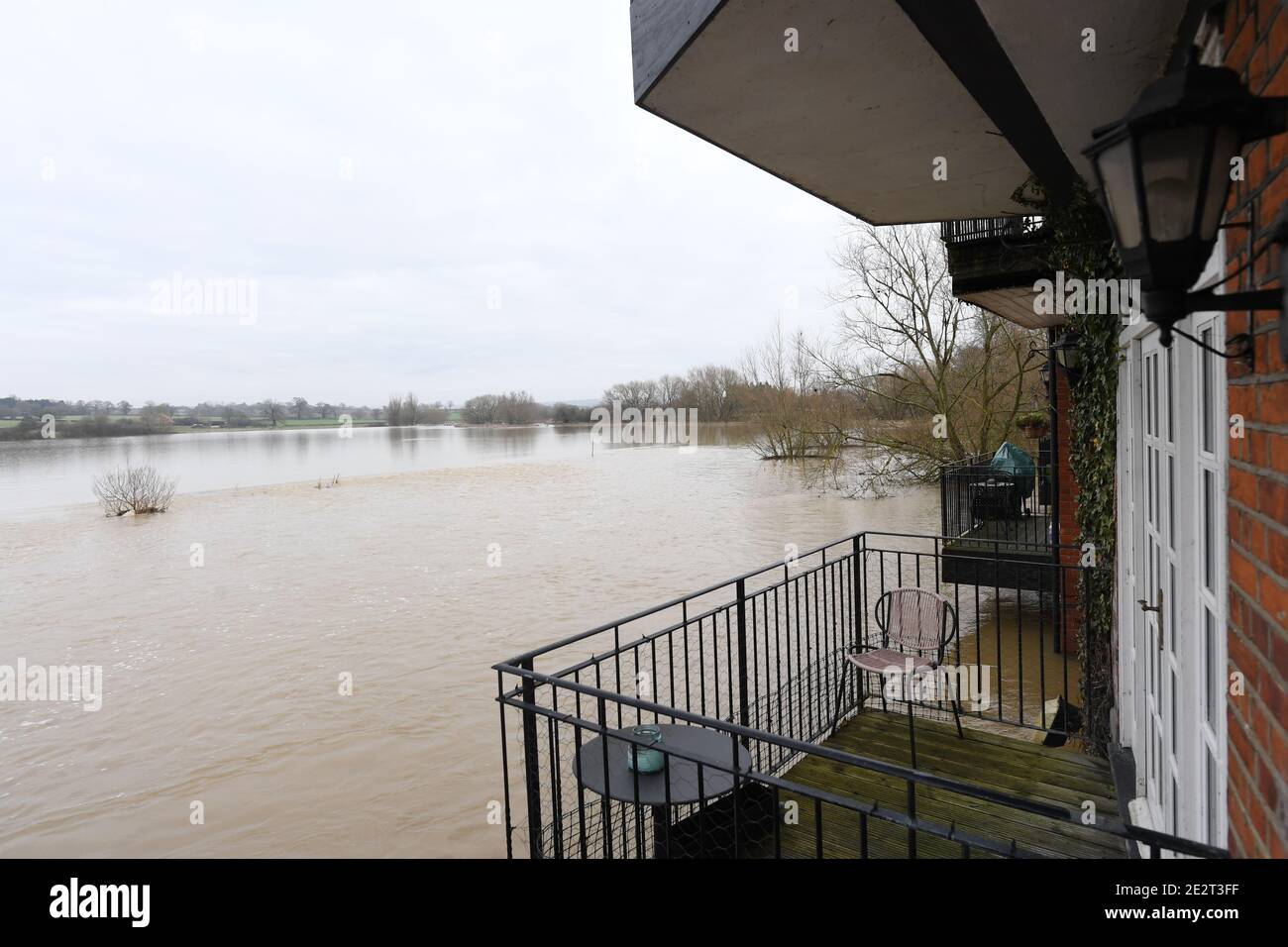 The River Roding after it burst its banks in Abridge, Essex. Heavy snow ...