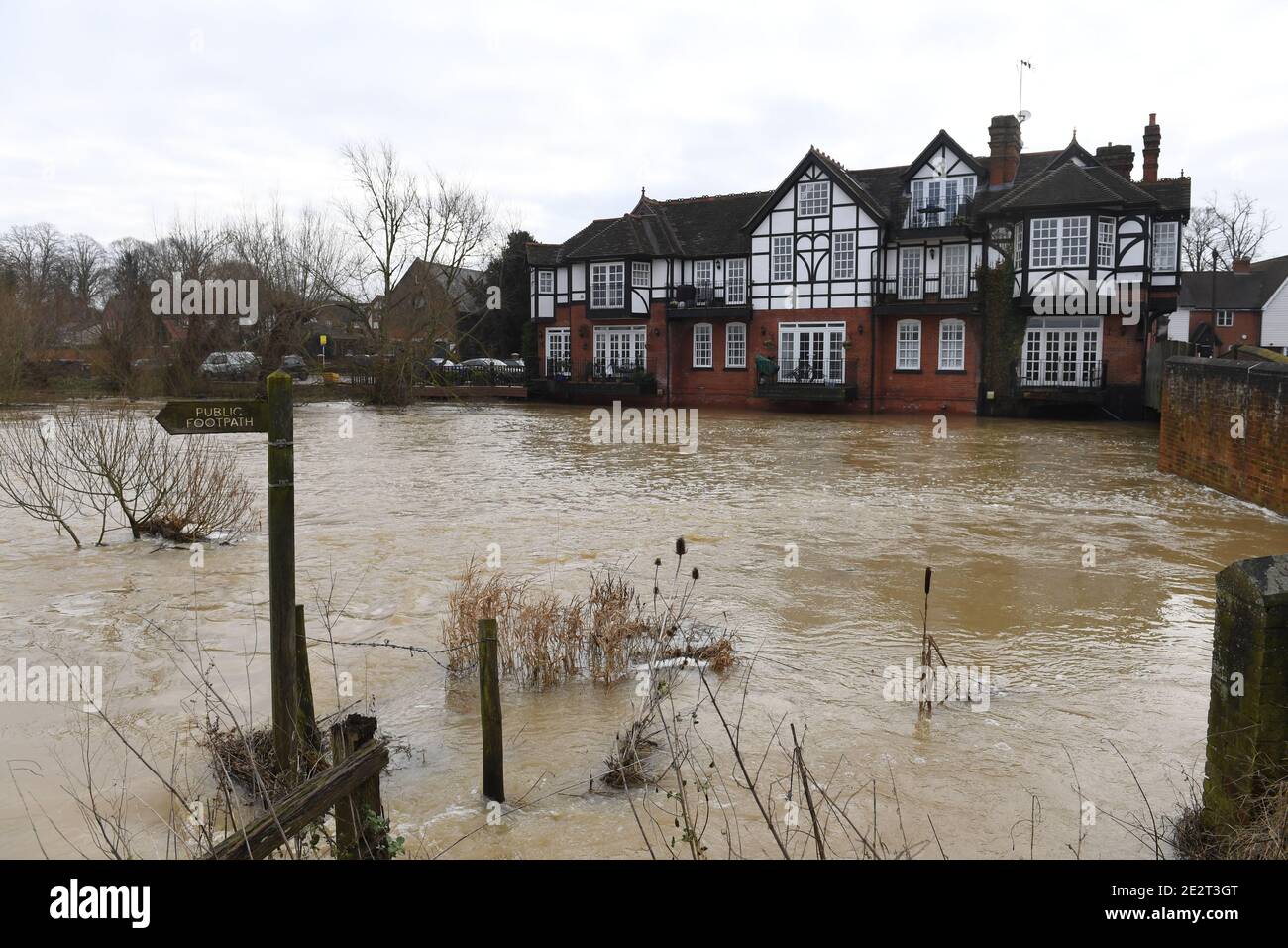 The River Roding after it burst its banks in Abridge, Essex. Heavy snow ...