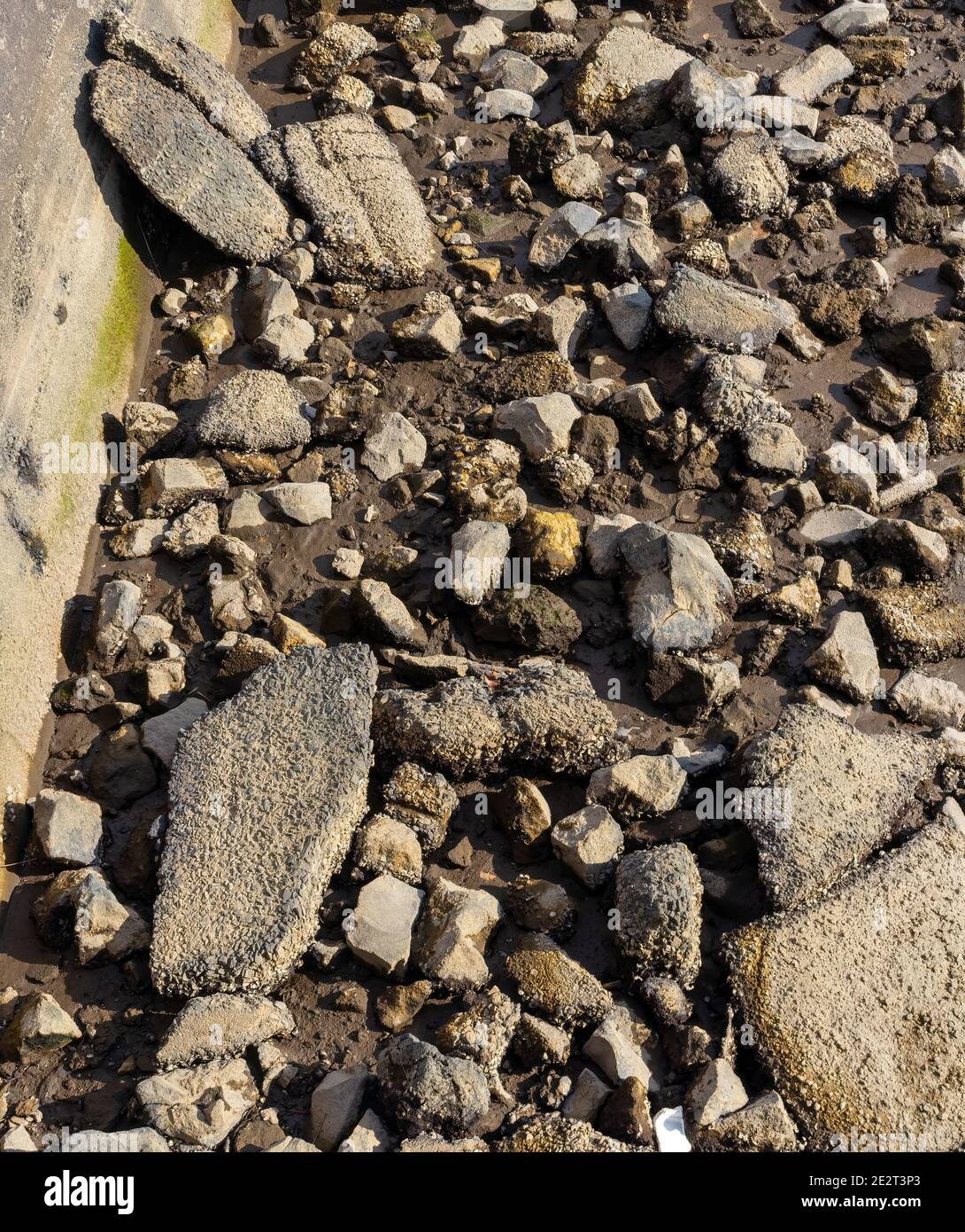 Rocks and pieces of asphalt stuck in the mud of a riverbed, during low ...