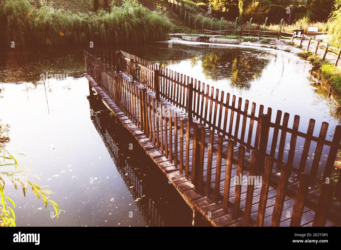 Wooden footbridge at pond on summer sunset light Stock Photo - Alamy
