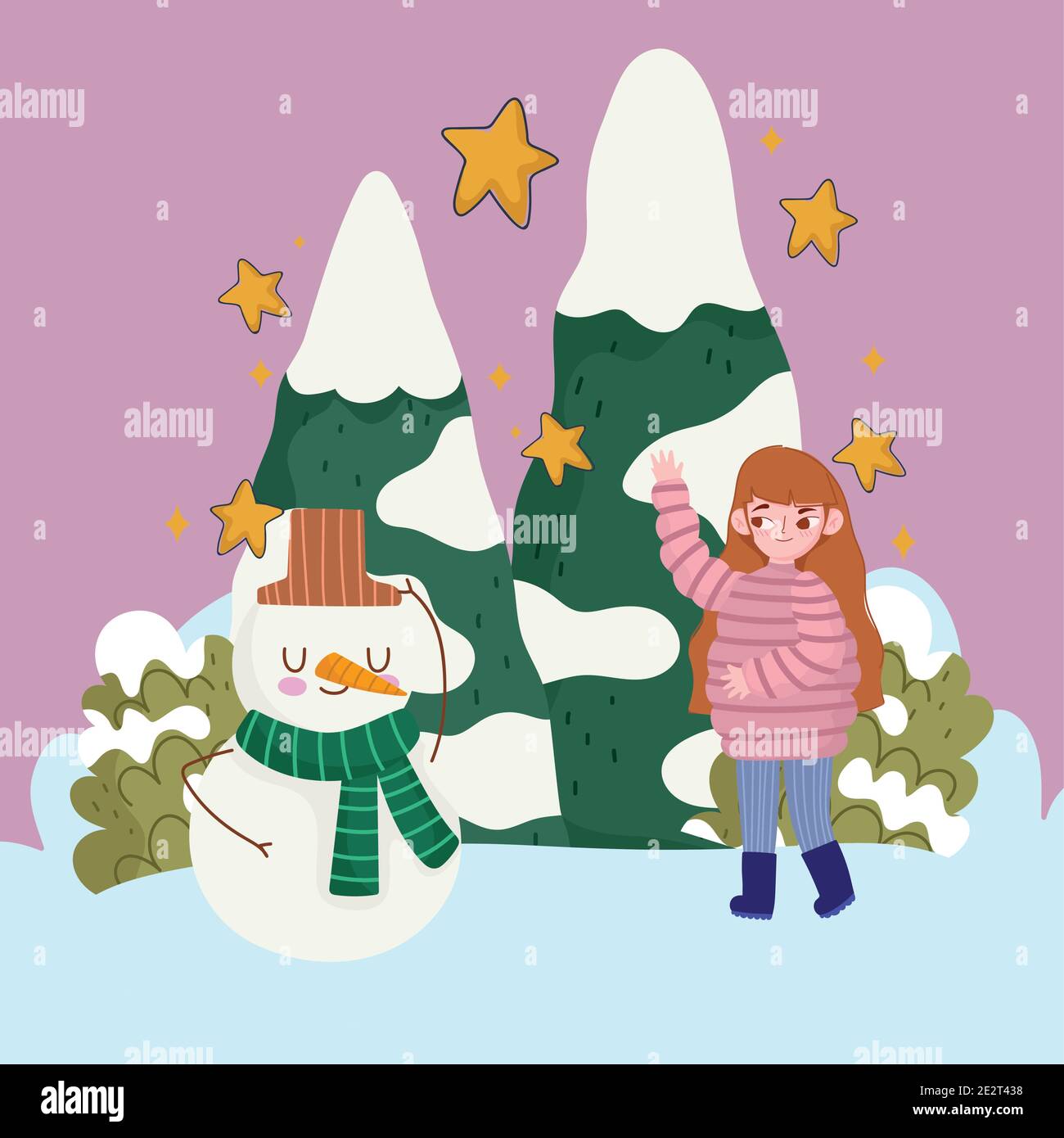 christmas girl and snowman tree snow mountians cartoon winter time ...