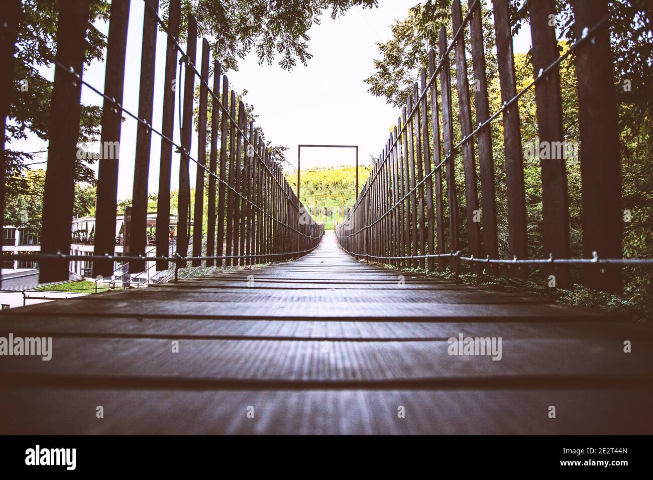 Wooden Suspension Bridge, Pedestrian Hanging Footbridge, Summer Day ...