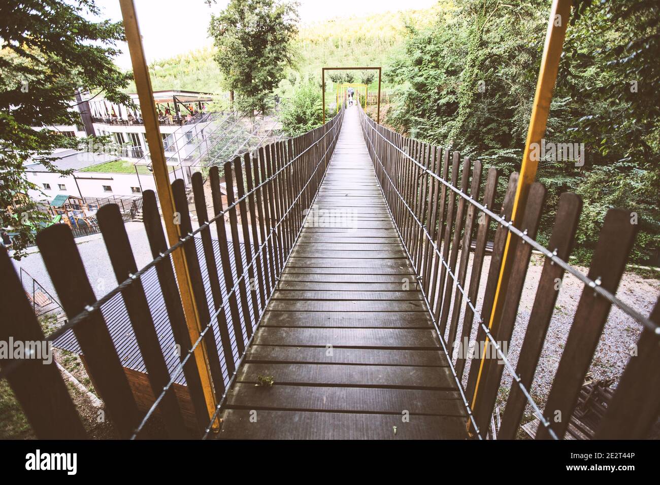 Wooden Suspension Bridge, Pedestrian Hanging Footbridge, Summer Day ...