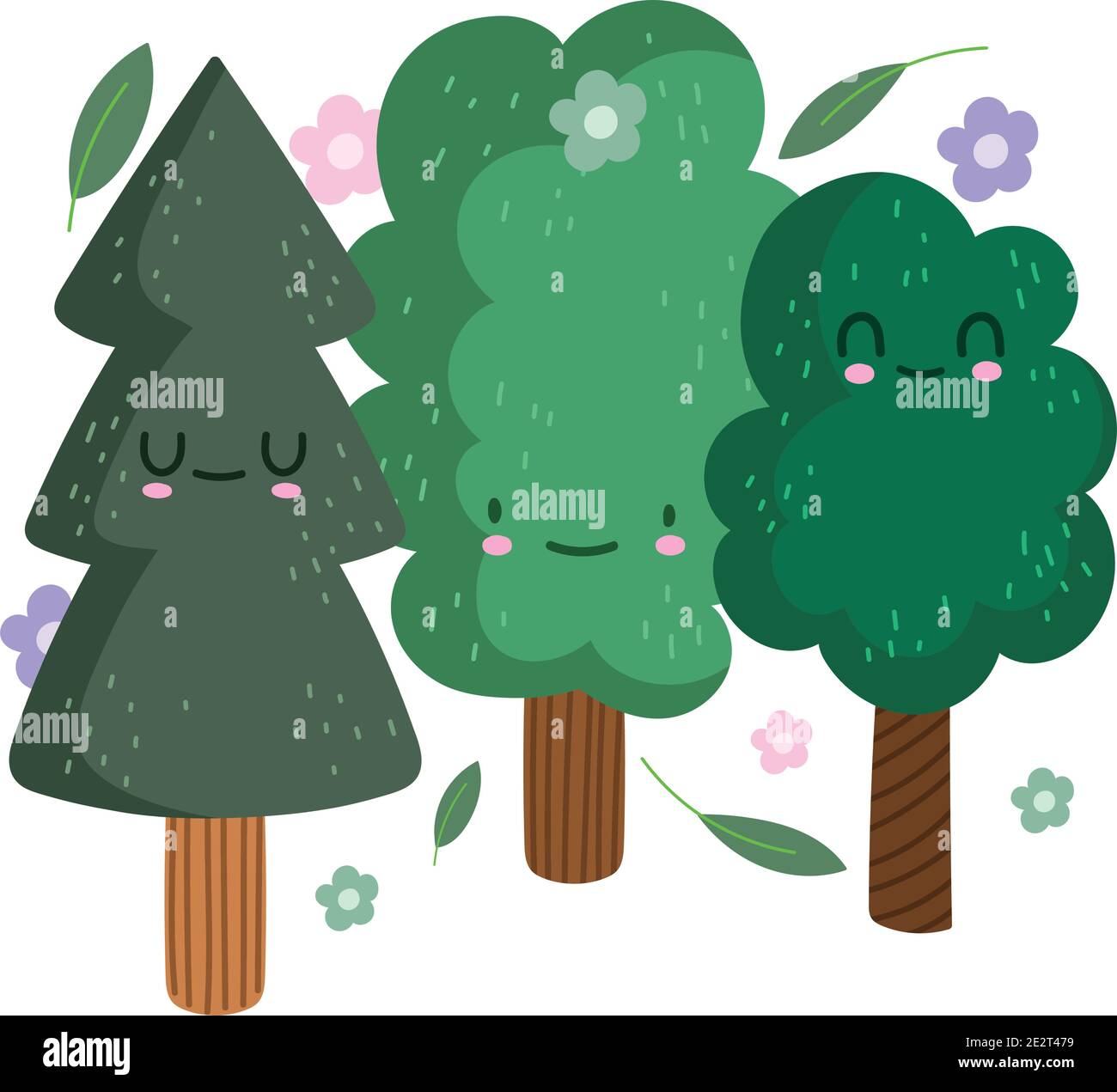 camping forest trees flowers and leaf nature in cartoon style design ...