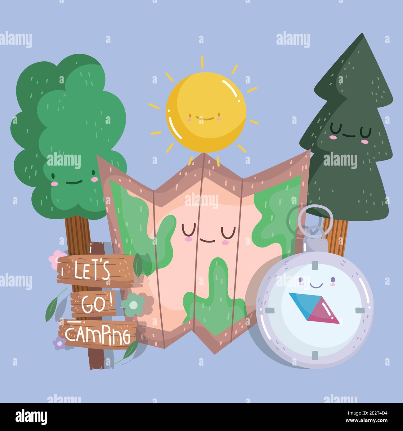 camping forest trees map and cpmpass in cartoon style design vector ...
