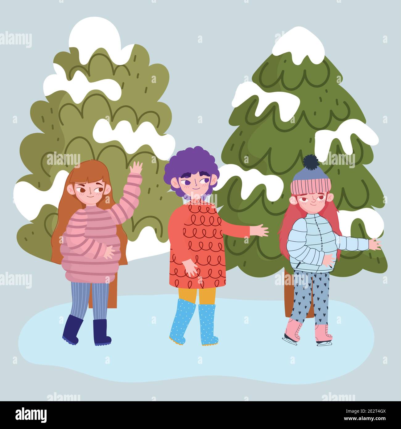 cartoon boy and girls with warm clothes in the snow landscape, winter ...