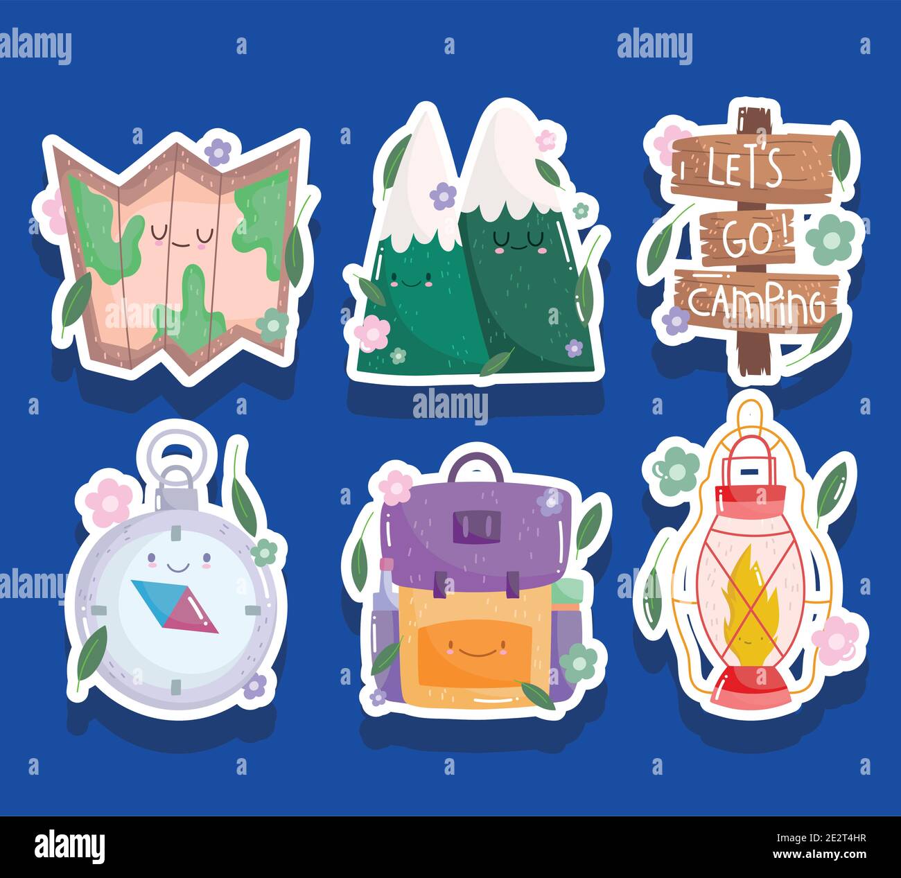 camping map mountains compass bacpack lantern in cartoon style icons ...