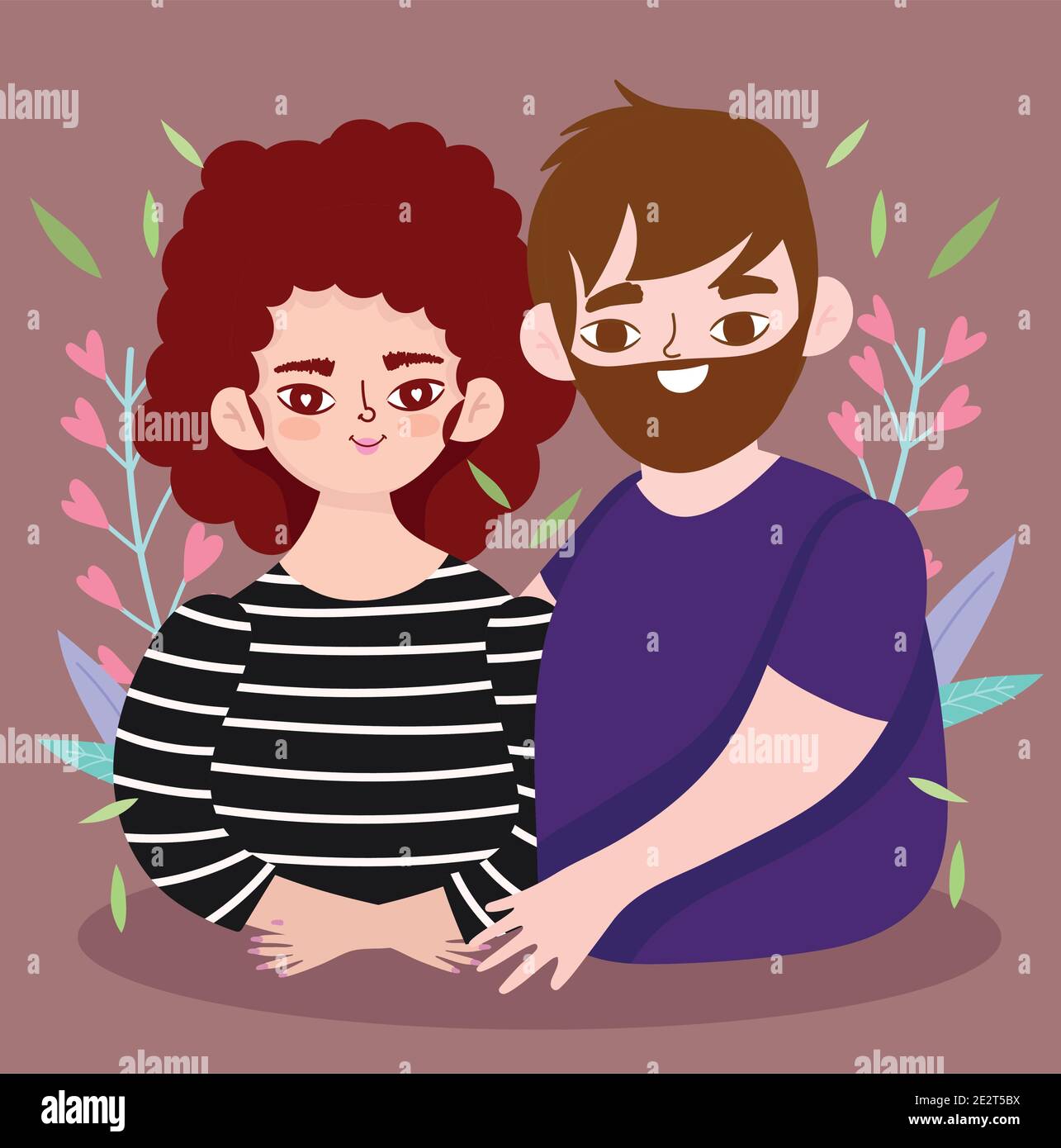 couple embracing love floral decoration background cartoon vector ...