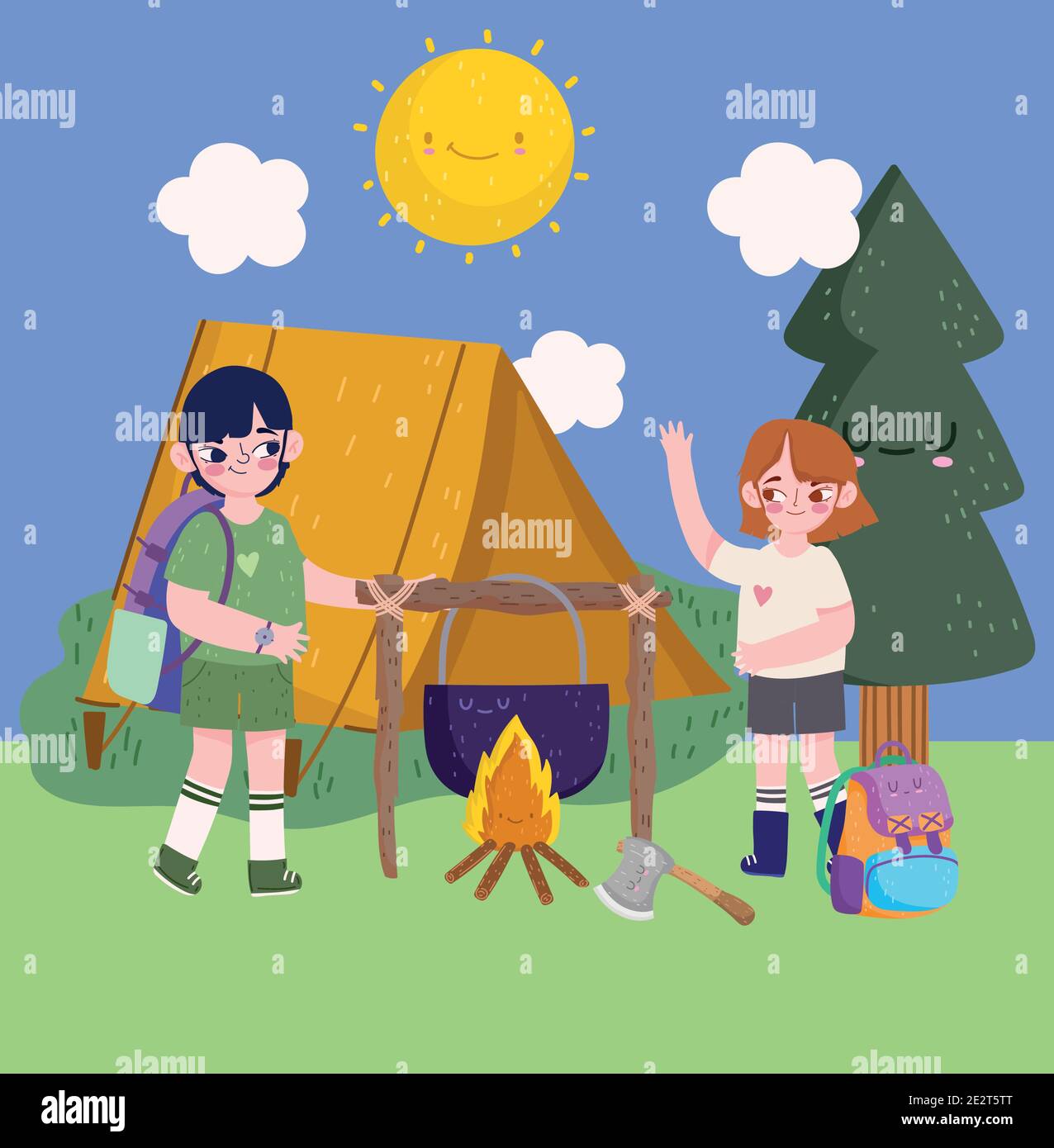 camping, boy and girl campsite tent and pot in bonfire cartoon style vector illustration Stock ...