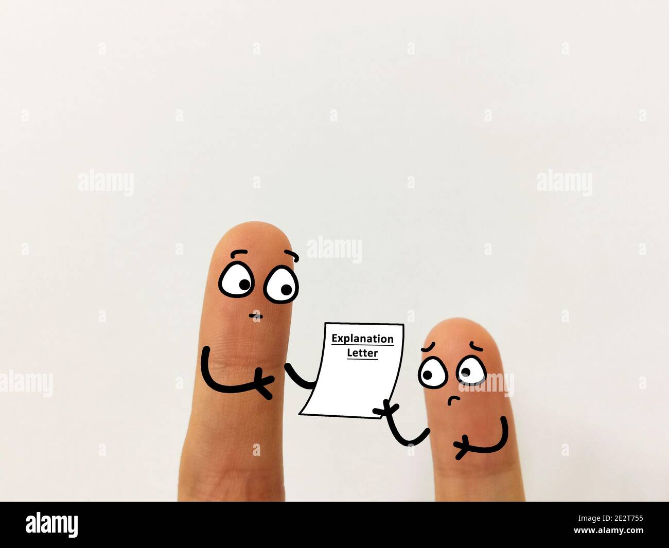 Two fingers are decorated as two person. One of them is submiting his ...