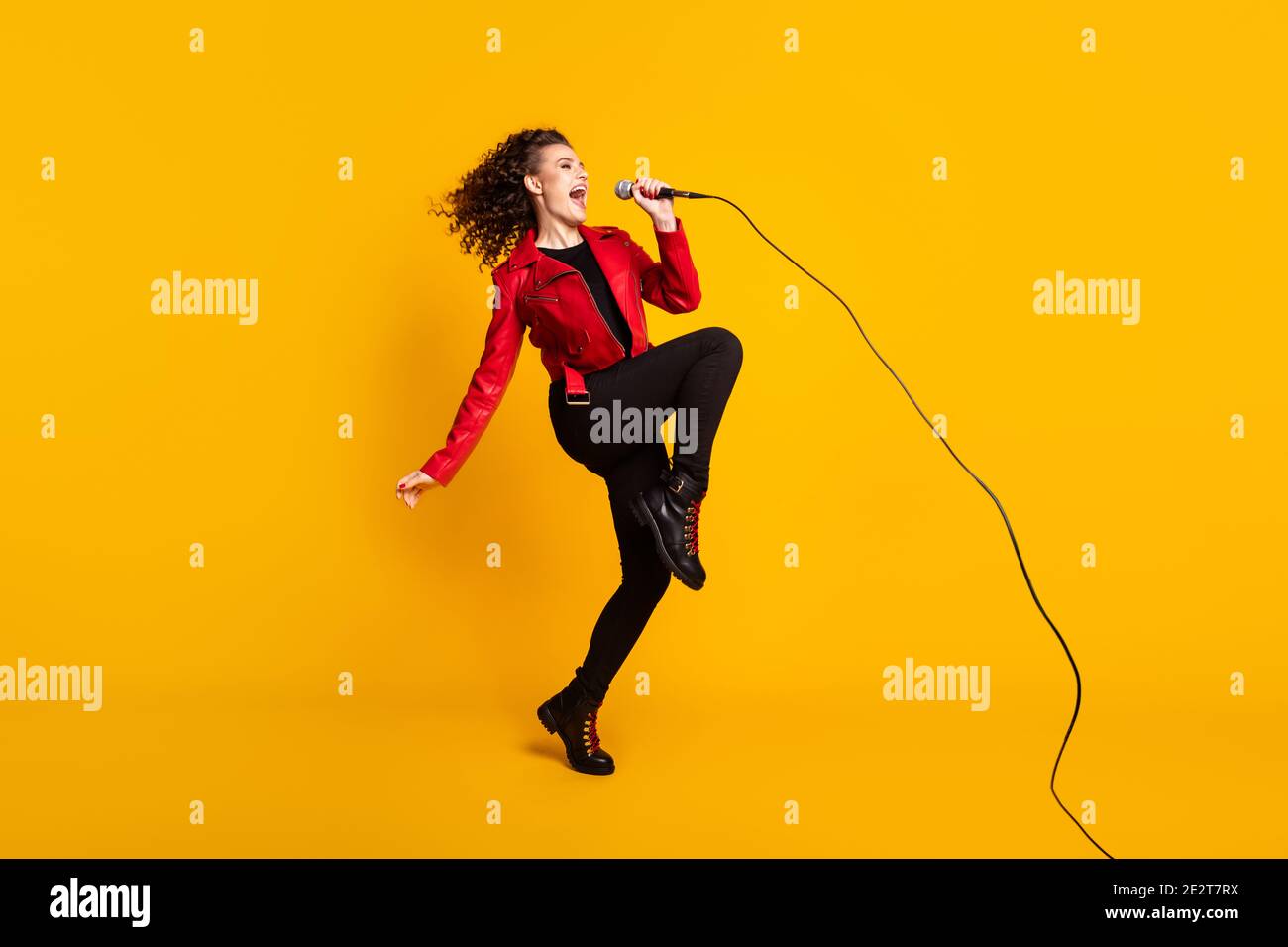 Full length body size view of nice cheerful wavy-haired girl vocalist ...