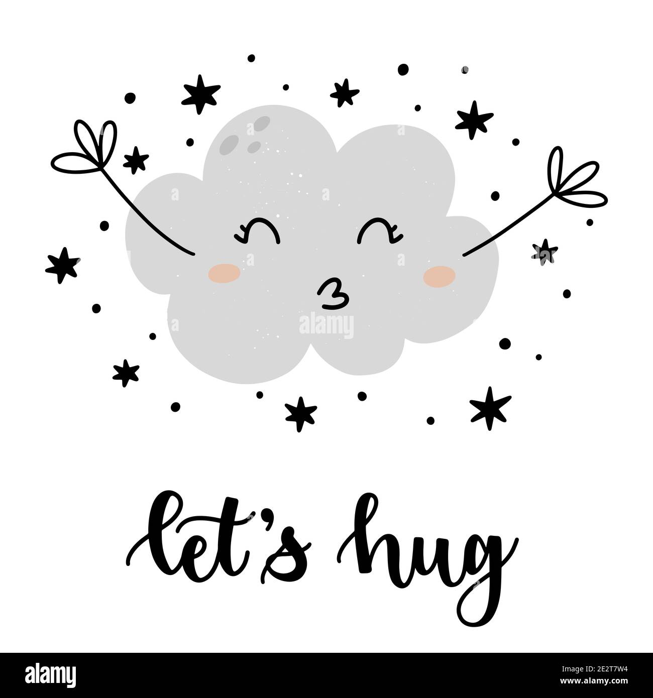 Cute cloud character illustration with stars around and let's hug quote ...
