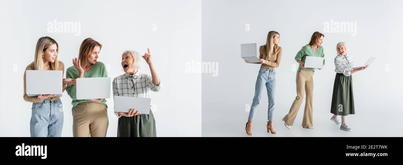 collage of three generation of women with laptops on white, banner ...