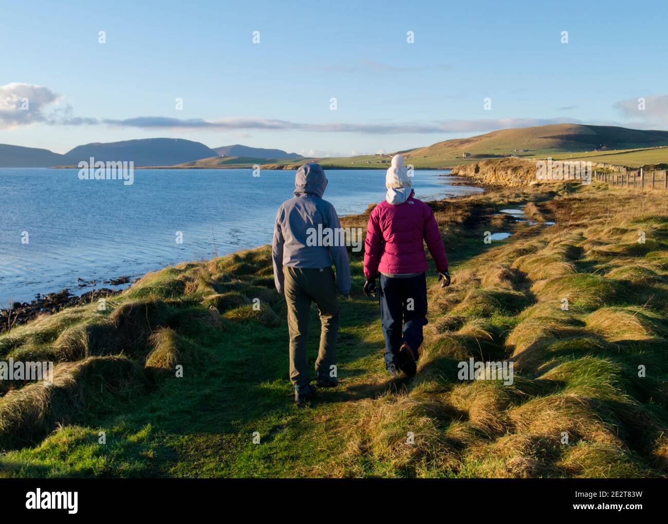 Mother and daughter walking on St Magnus Way path, Orkney Isles Stock ...