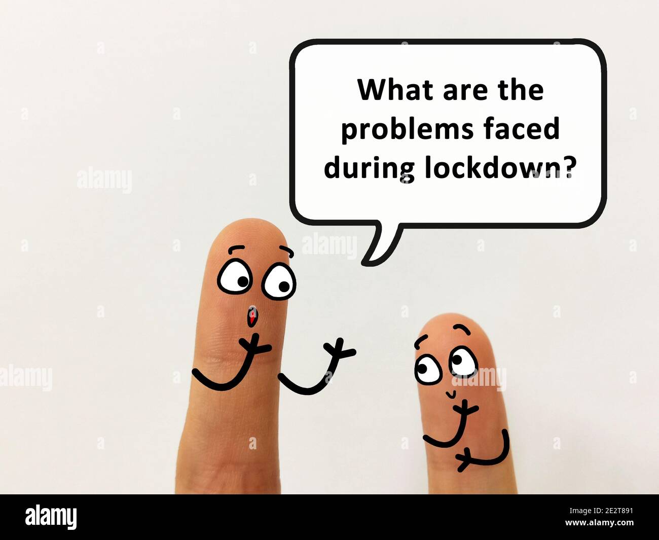 Two fingers are decorated as two person. One of them is asking another ...
