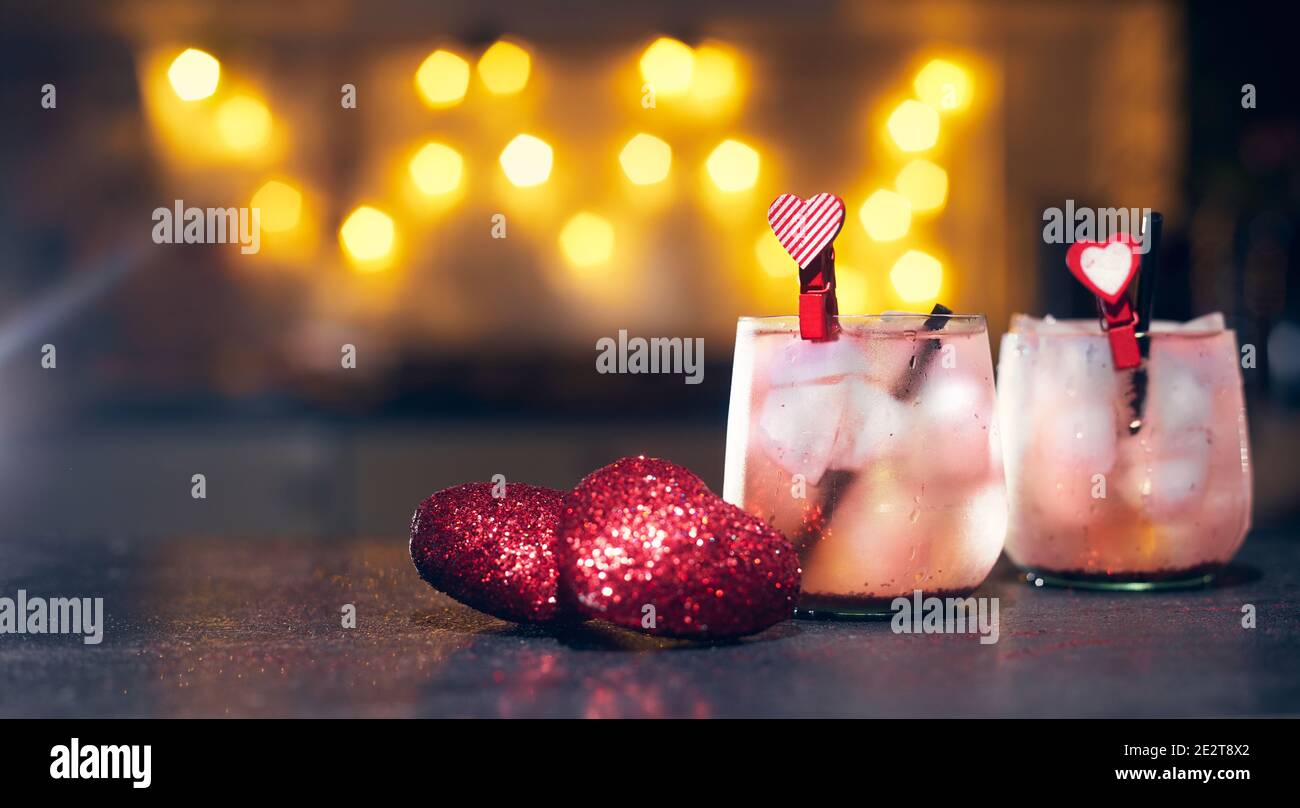 happy valentine's day concept, bar cocktails for lovers on the bar ...