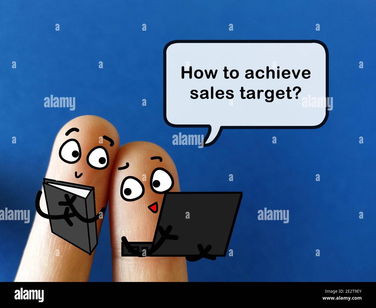 Two fingers are decorated as two person. One person is asking sales ...