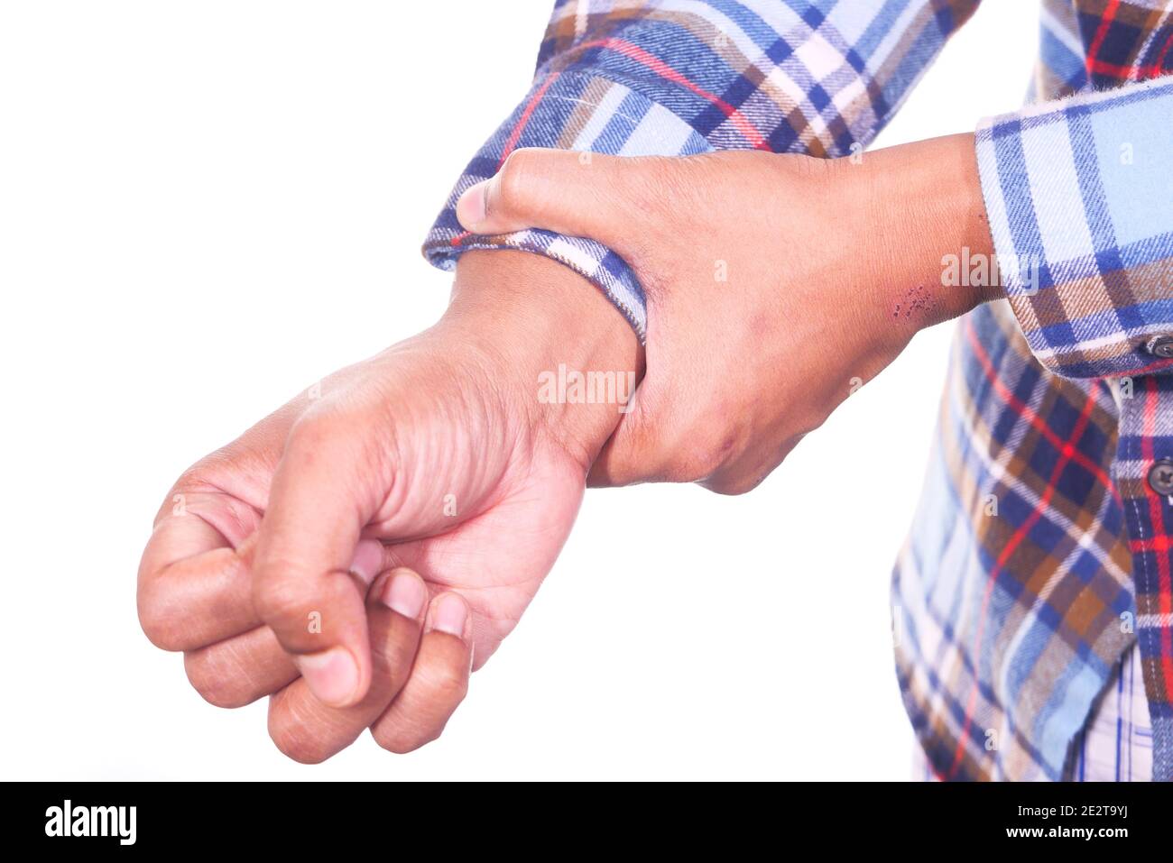 man suffering pain in hand isolated in white Stock Photo - Alamy