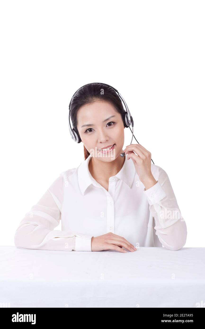 Portrait of Female office worker wearing headset high quality photo ...