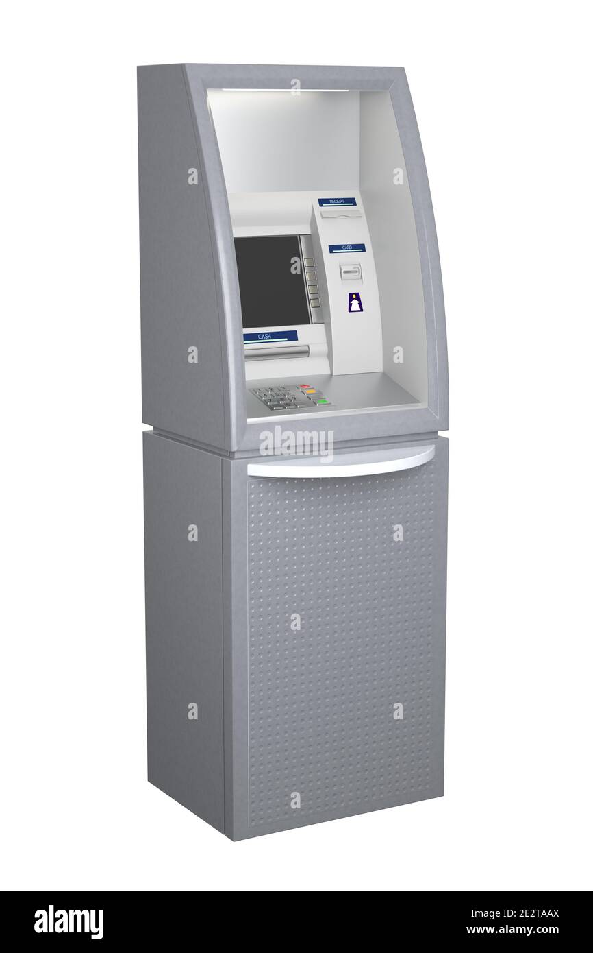 Atm machine isolated on white background, side view. Pin code safety ...