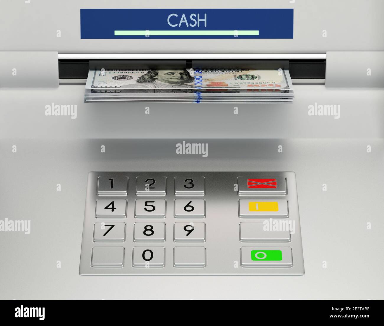 Atm machine keypad with 100 dollar banknotes in the money slot ...