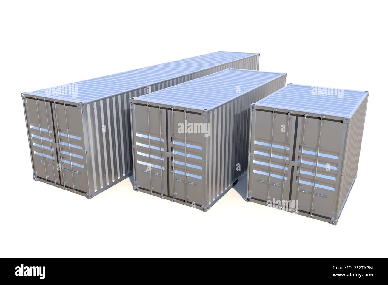Set of 3 ship cargo containers 10 20 40 feet length. Grey metallic ...