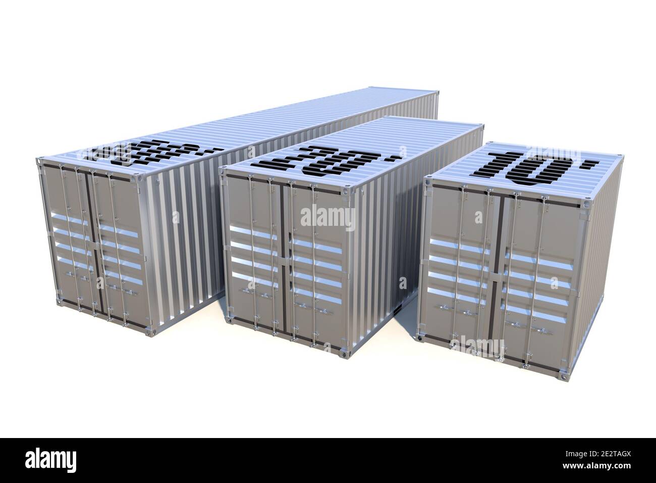 Set of 3 ship cargo containers 10 20 40 feet length. Grey metallic ...