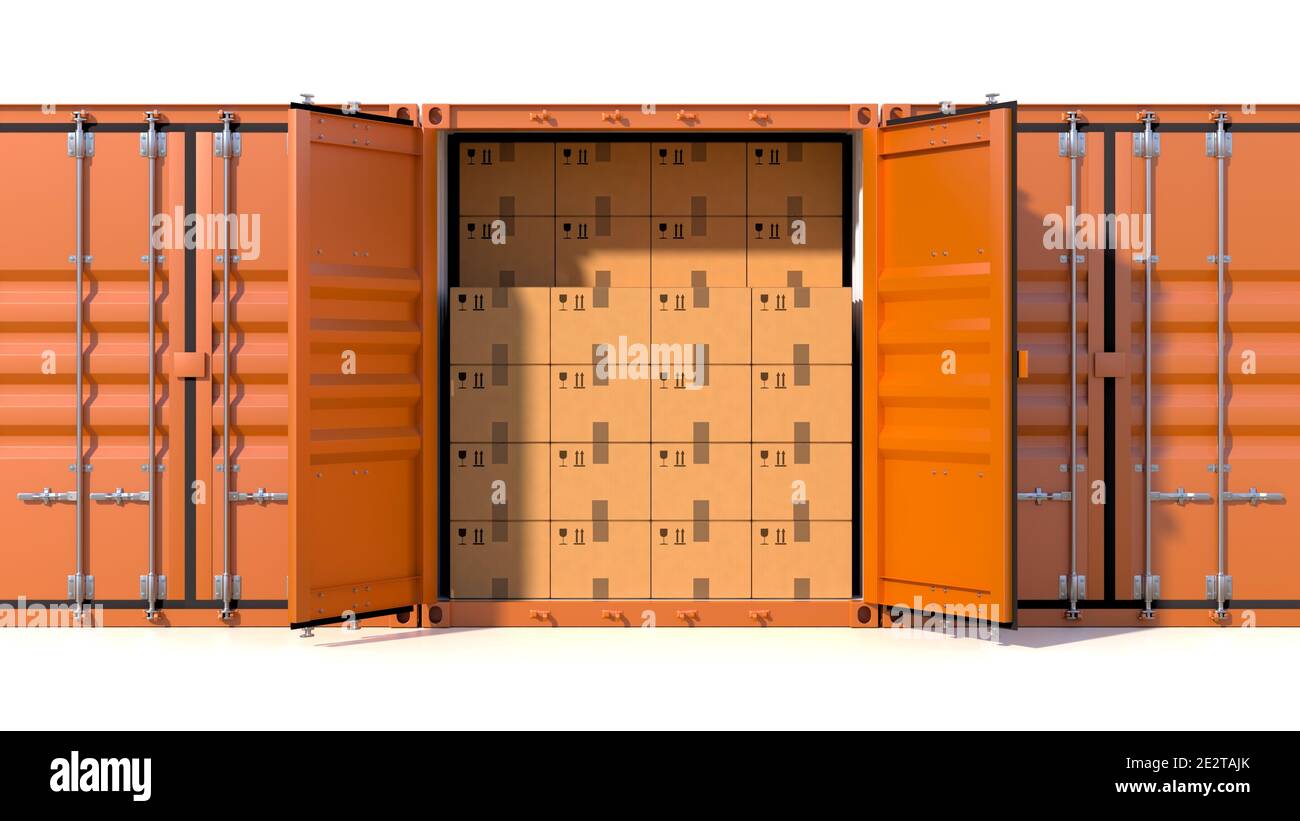 Ship cargo container side view with open doors, full with cardboard ...