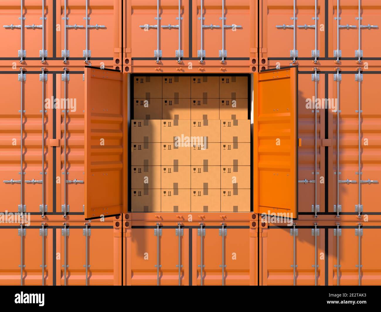 Ship cargo container side view with open doors, full with cardboard ...