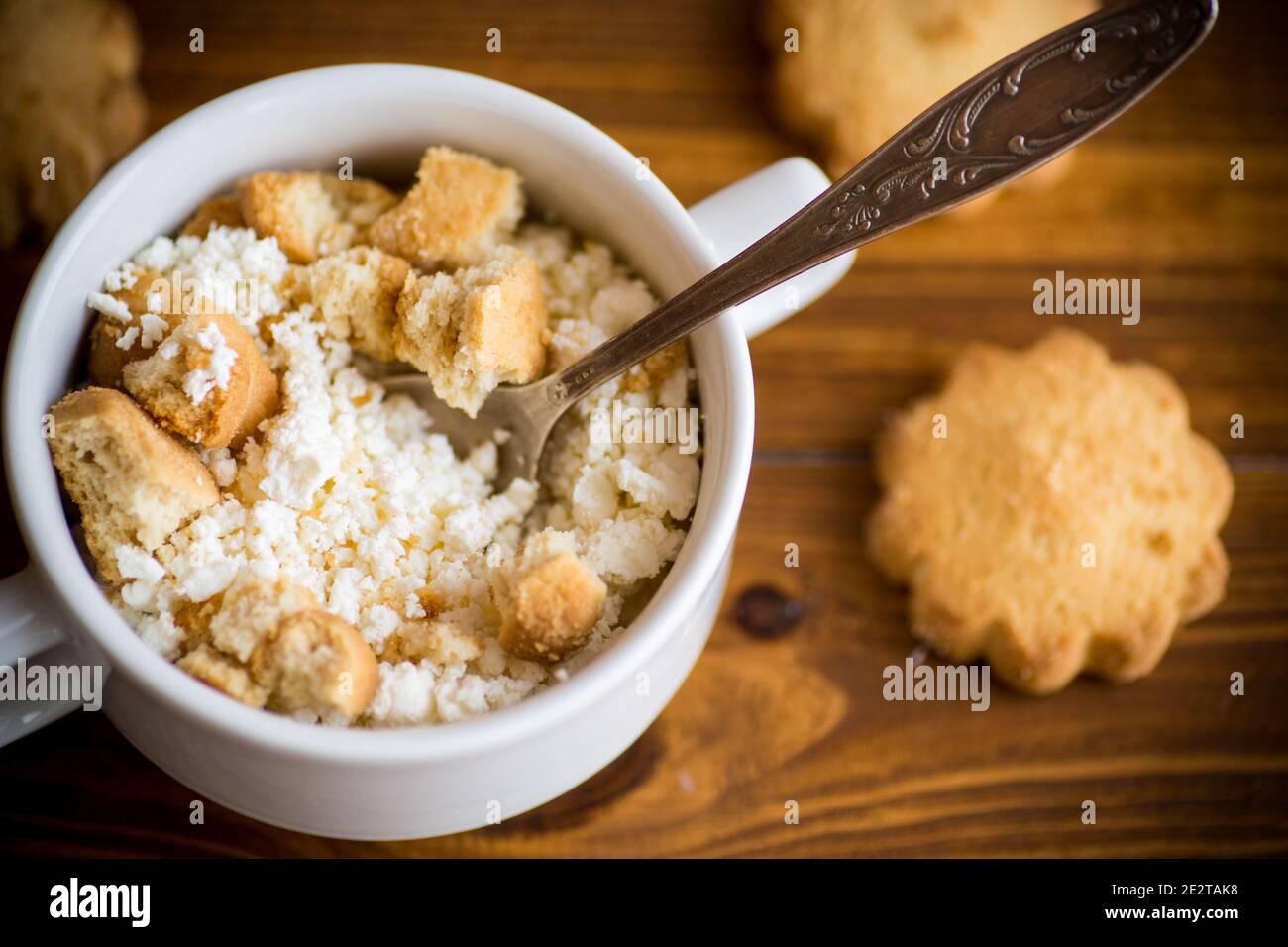Homemade cottage cheese with pieces of shortbread cookies for breakfast ...