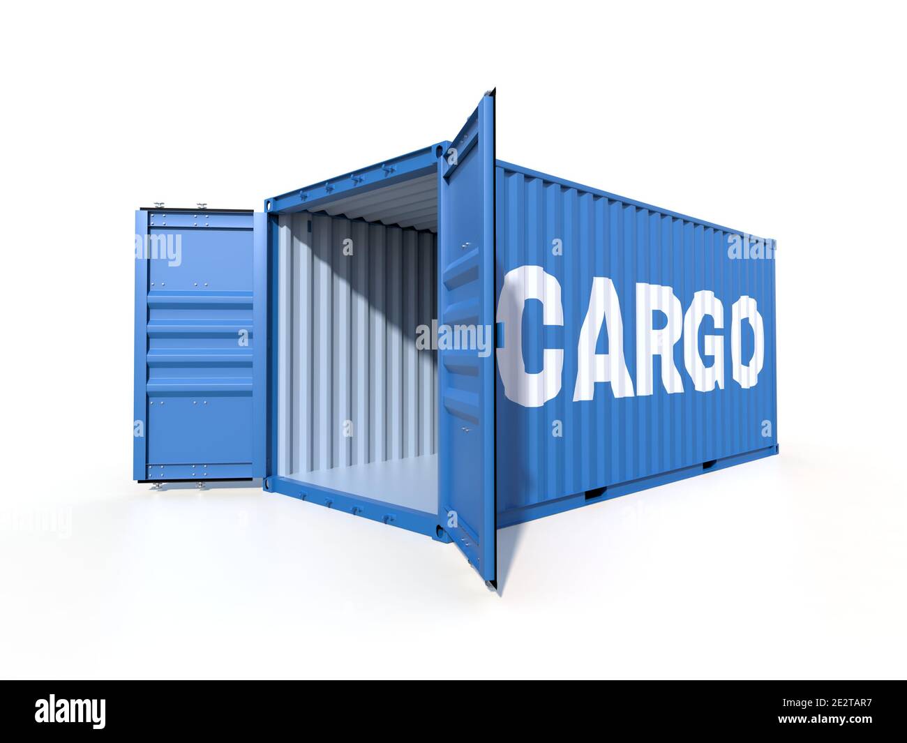 Empty ship container with the word CARGO on the side, with open doors ...
