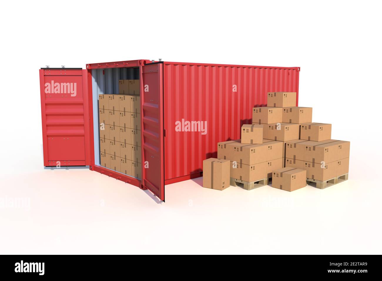 Ship cargo container side view, open doors, full with cardboard boxes ...