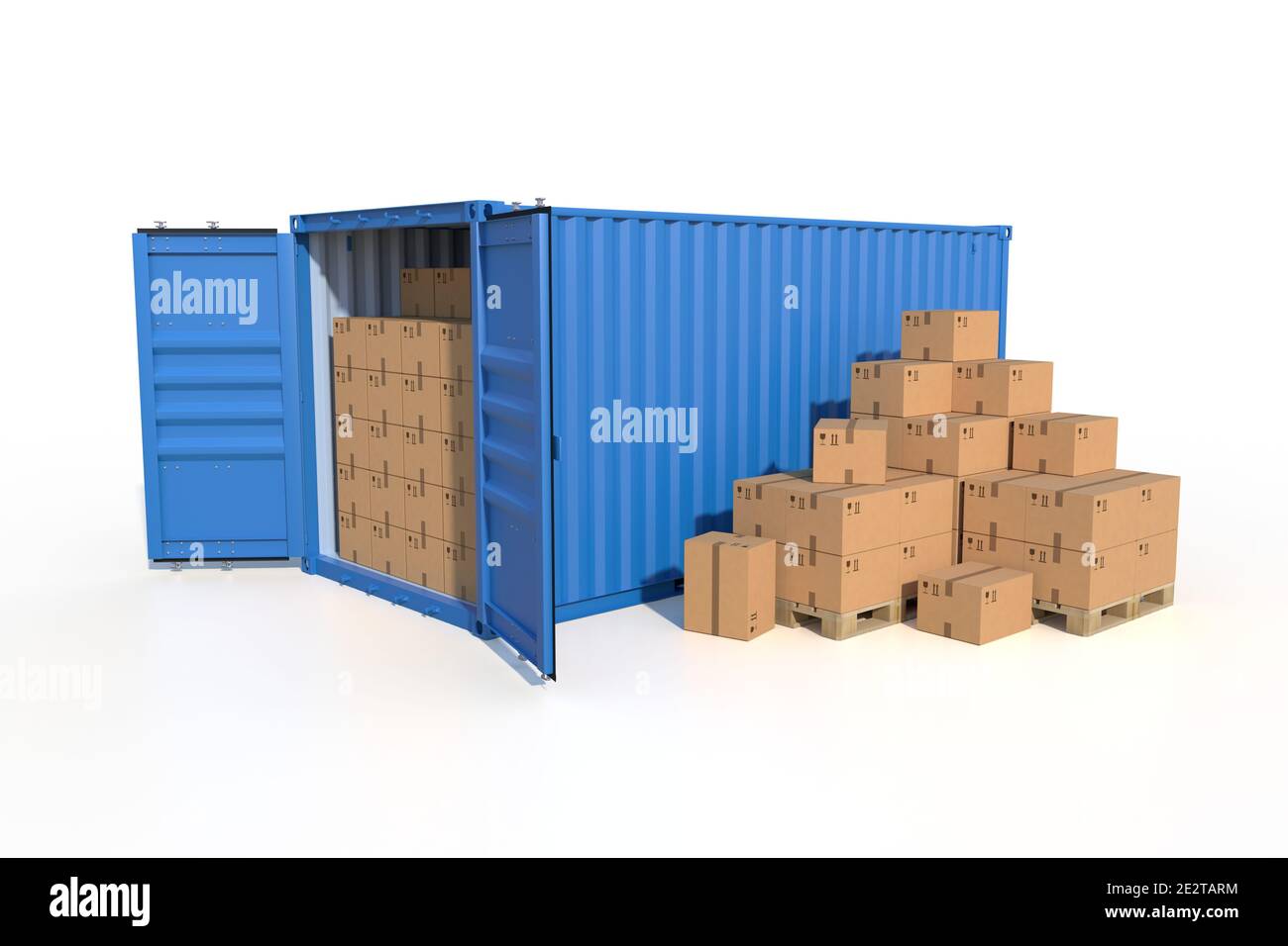 Ship cargo container side view, open doors, full with cardboard boxes ...
