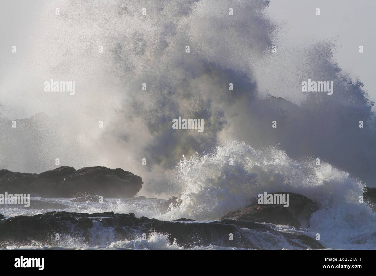 Storm on the coast seeig big wave breaking over rocks and cliffs seeing ...