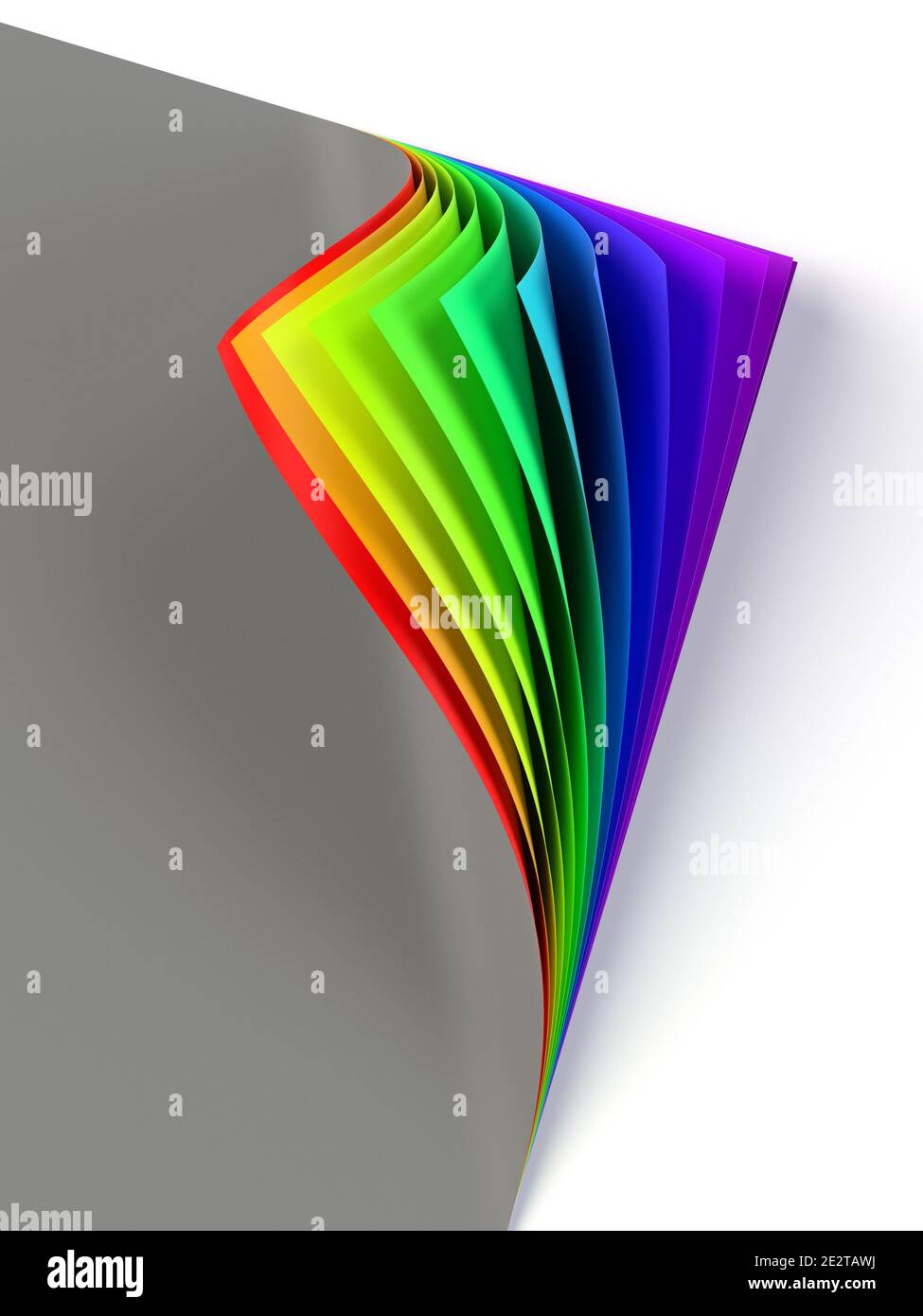 Blank dark colored document with rainbow curled corner. Poster with ...