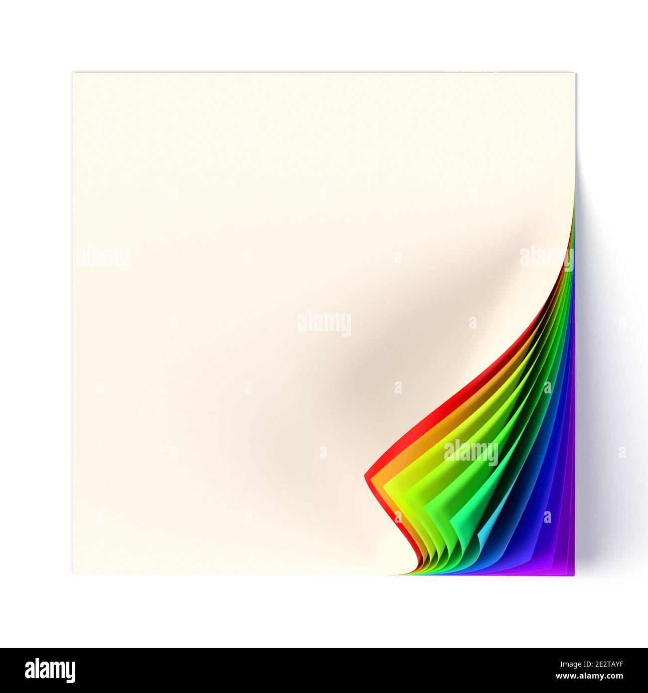 Blank square note page mock up with rainbow colored curled corner ...