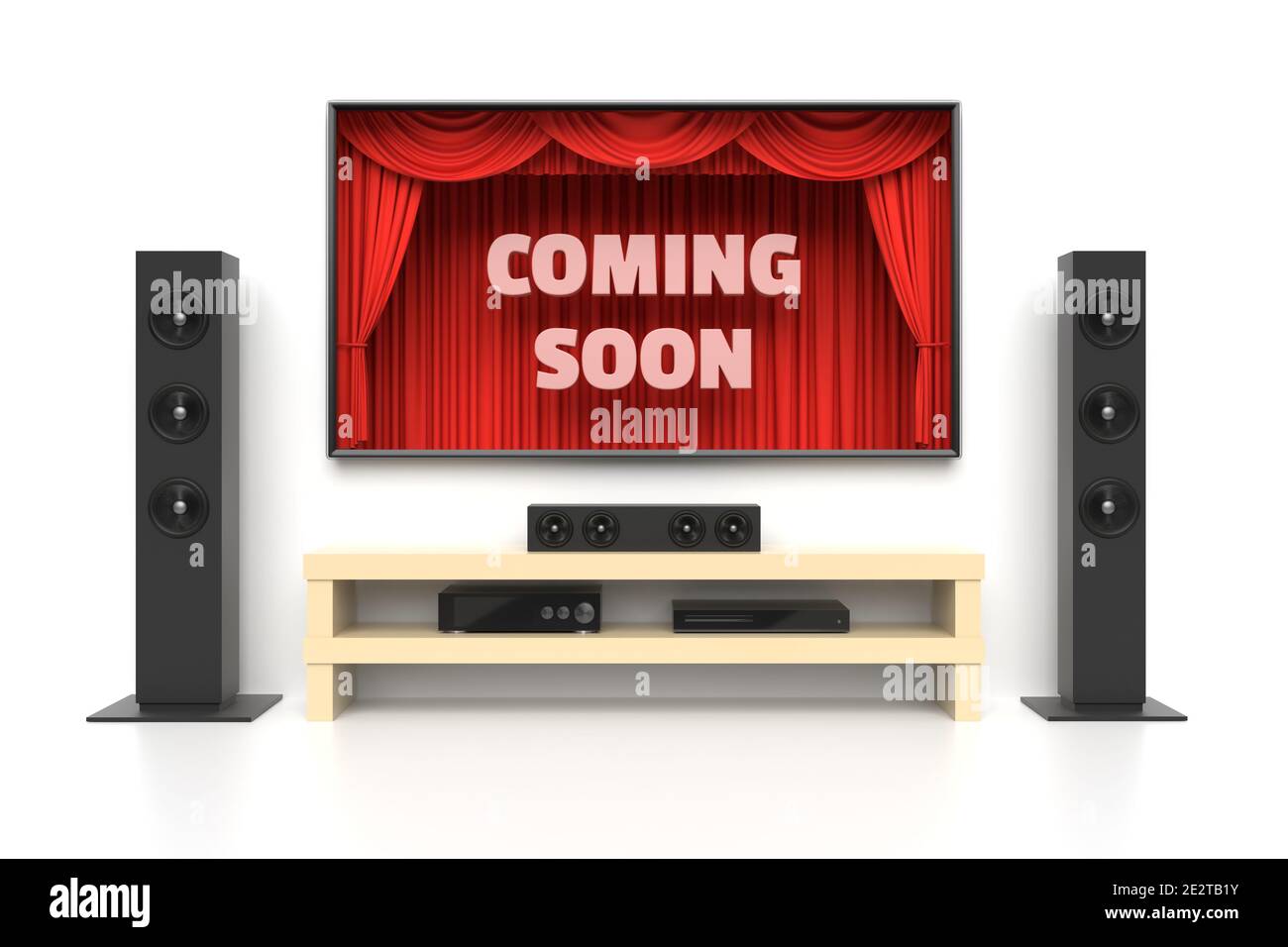 Coming Soon poster. Home cinema set with large lcd tv panel with ...