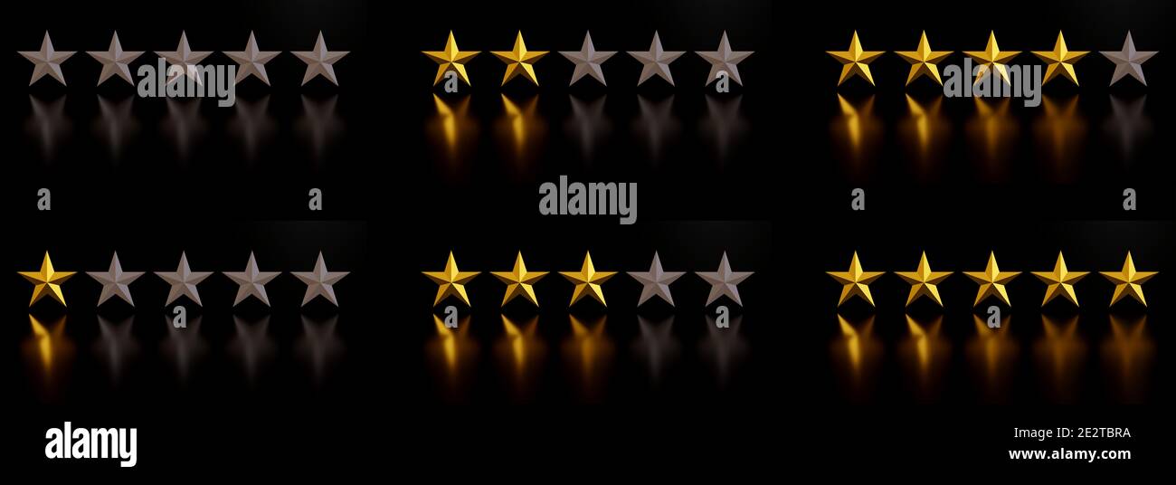 Set of shiny rating stars isolated on black background. 3d illustration ...
