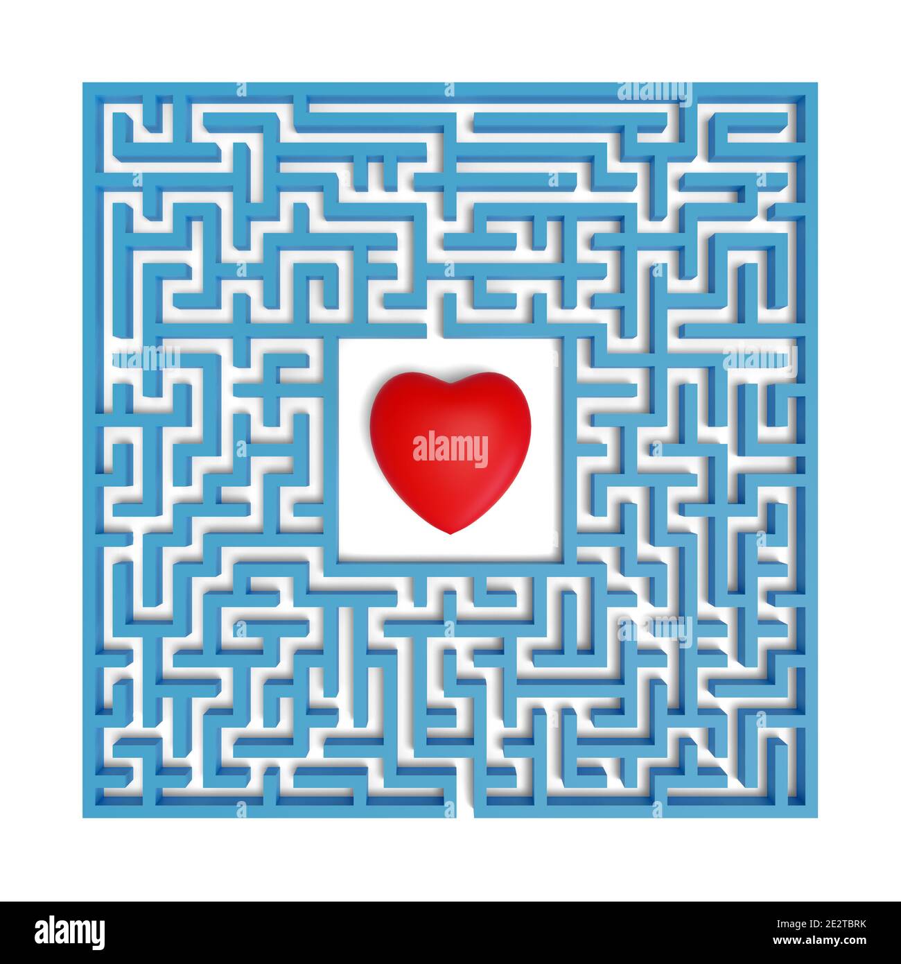 Top view of a red heart in the middle of a maze isolated on a white ...